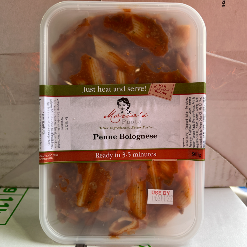 Penne Bolognese 500g frozen by Maria's Pasta - Biviano Direct