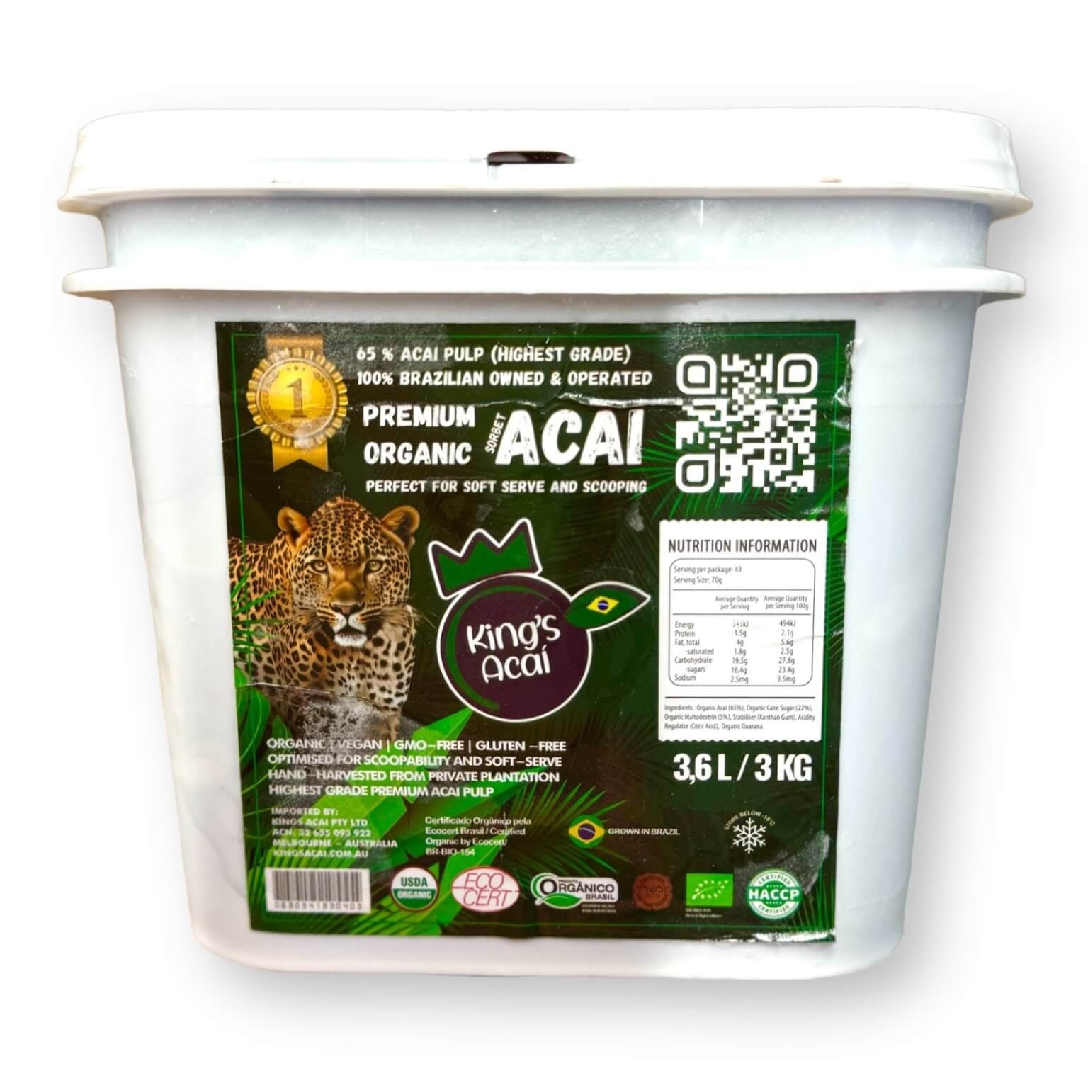 Acai Premium Grade Pulp Organic Scoopable By Kings Acai｜3Kg Tub