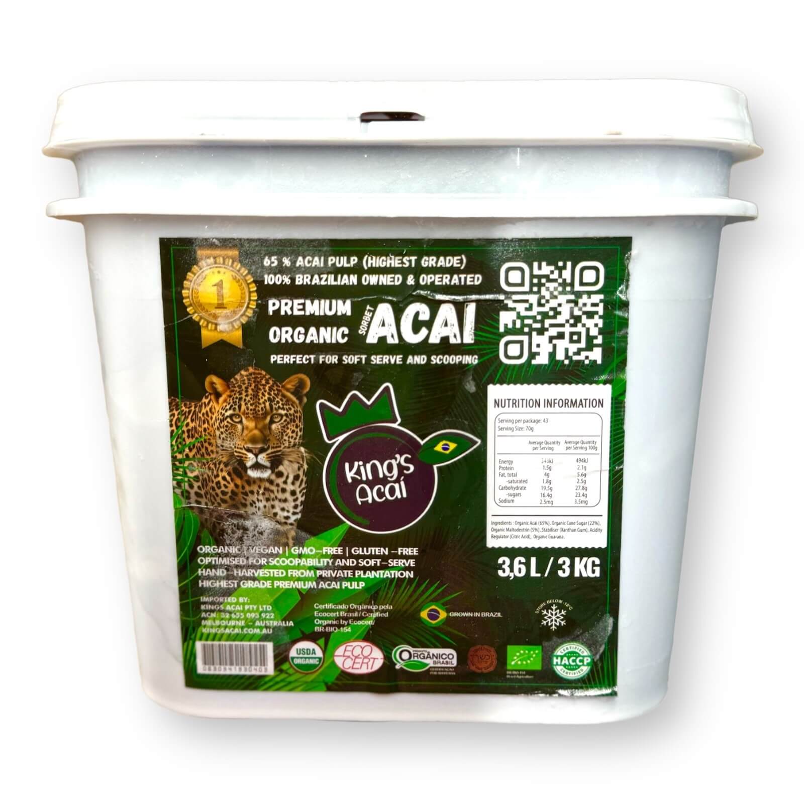 Acai Premium Grade Pulp Organic Scoopable By Kings Acai｜3Kg Tub
